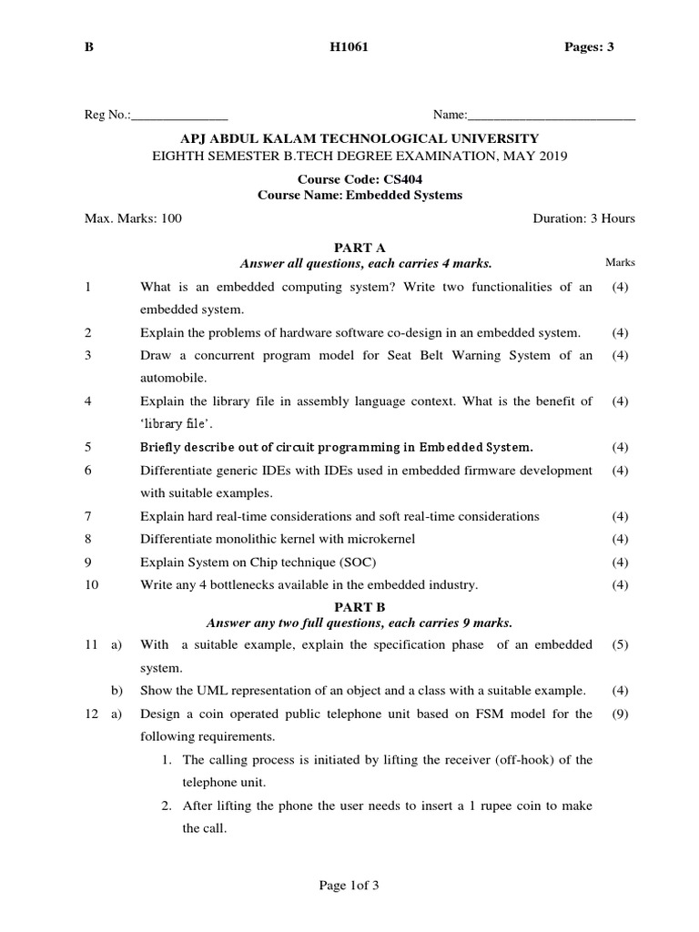 B H1061 Pages: 3: Answer All Questions, Each Carries 4 Marks | PDF | Embedded System | System On ...