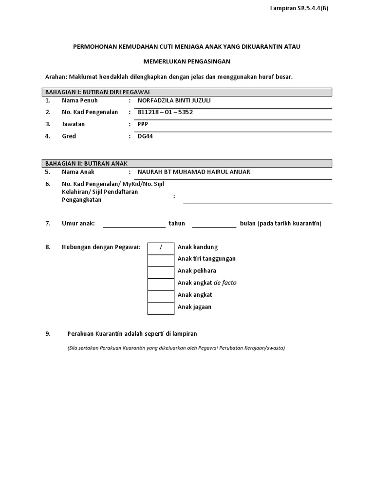 Permohonan Cuti Menjaga Anak Kuarantin | PDF