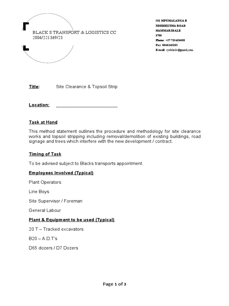 Method Statement Site Clearance | PDF | Surface Runoff | Environmental ...