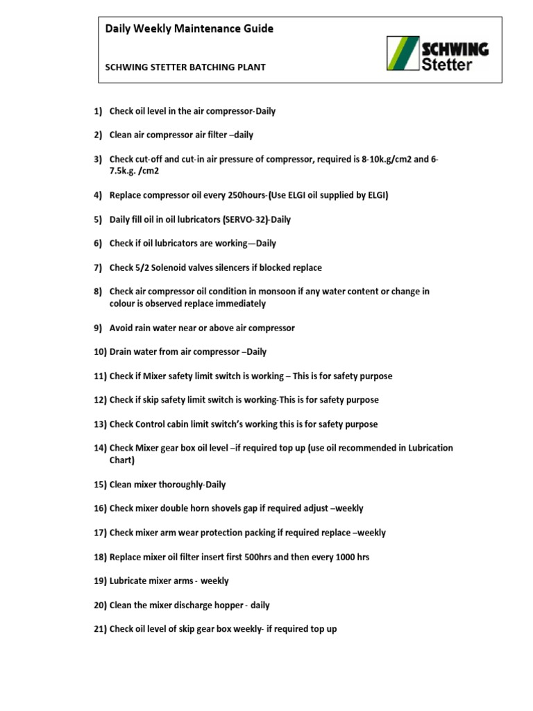 Daily Weekly Maintenance Guide: Schwing Stetter Batching Plant | PDF ...