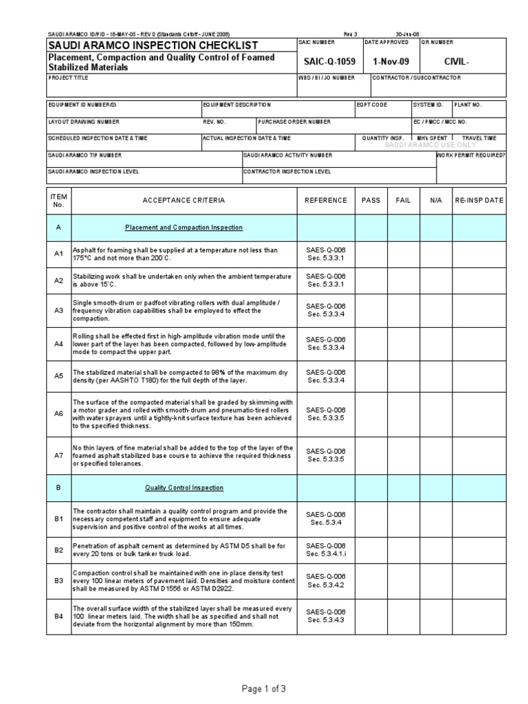 Saudi Aramco Inspection Checklist | PDF | Materials | Building Engineering