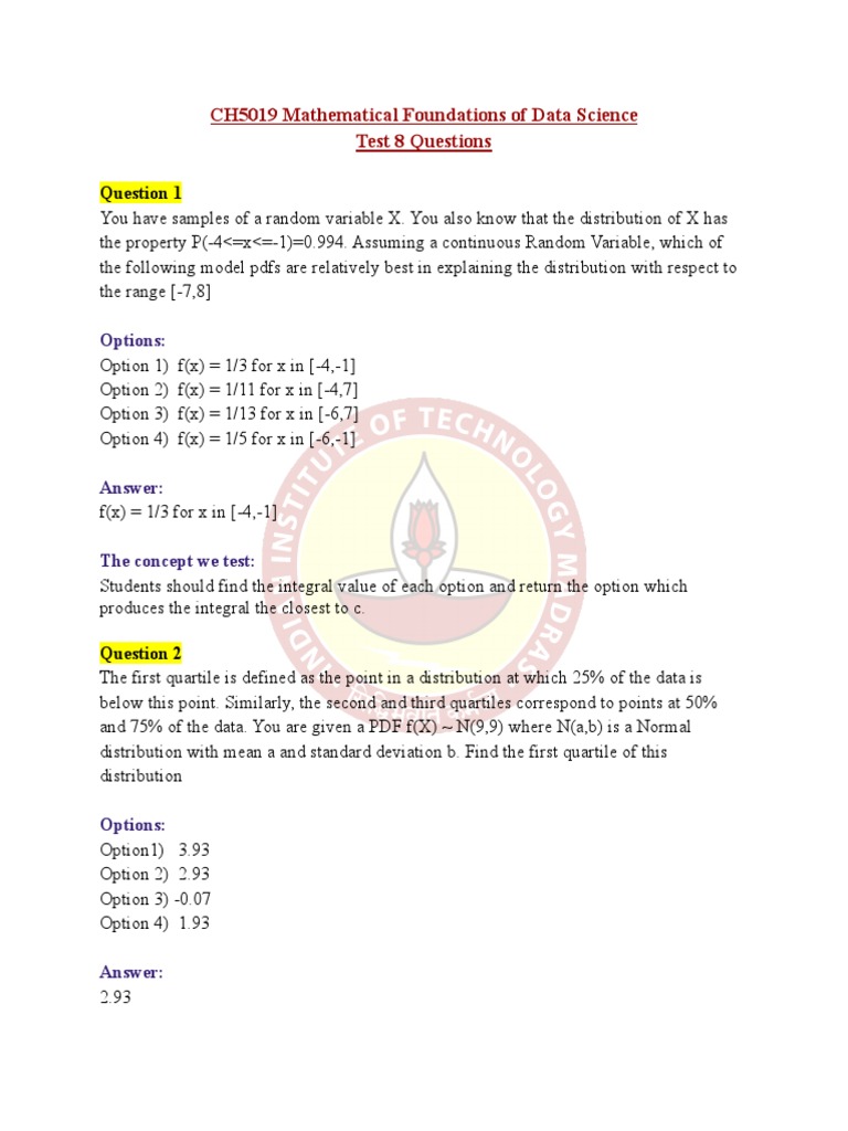 CH5019 Mathematical Foundations of Data Science Test 8 Questions | PDF ...