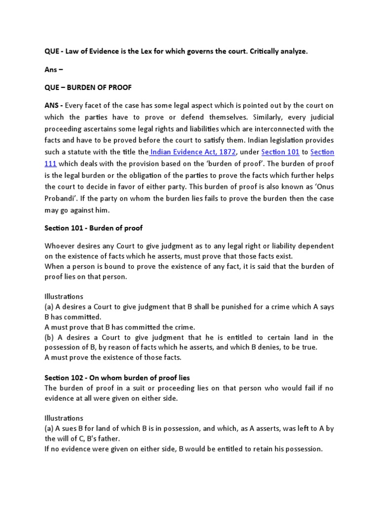 Indian Evidence Act, 1872 Section 101 Section 111 | Download Free PDF ...