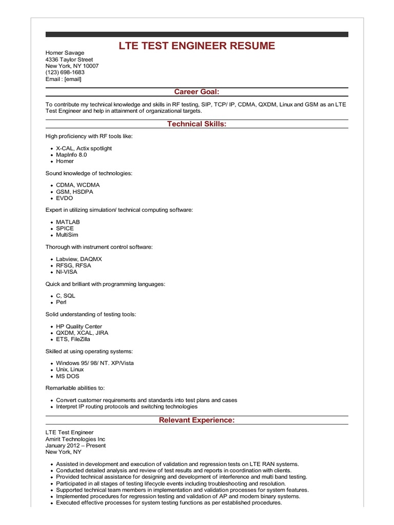 LTE Test Engineer Resume Overview | PDF | Lte (Telecommunication ...