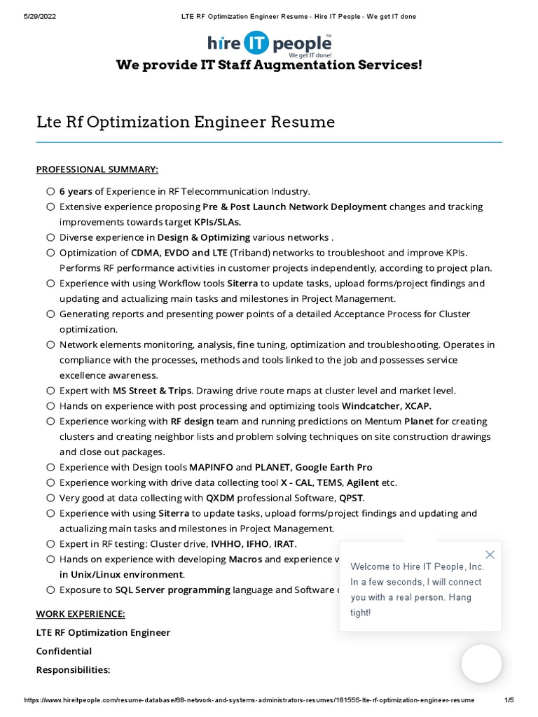 LTE RF Optimization Engineer Resume - Hire IT People - We Get IT Done ...