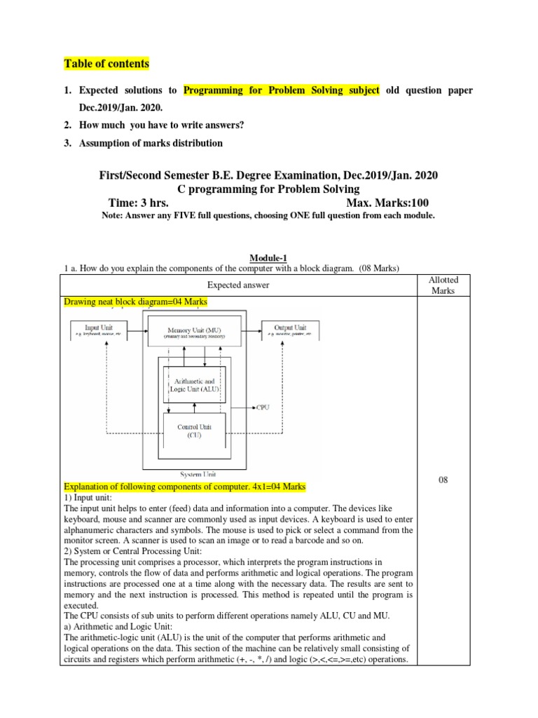 Table of Contents, Old C Programming Question Paper Solutions Dec 2019/Jan 2020 | PDF ...