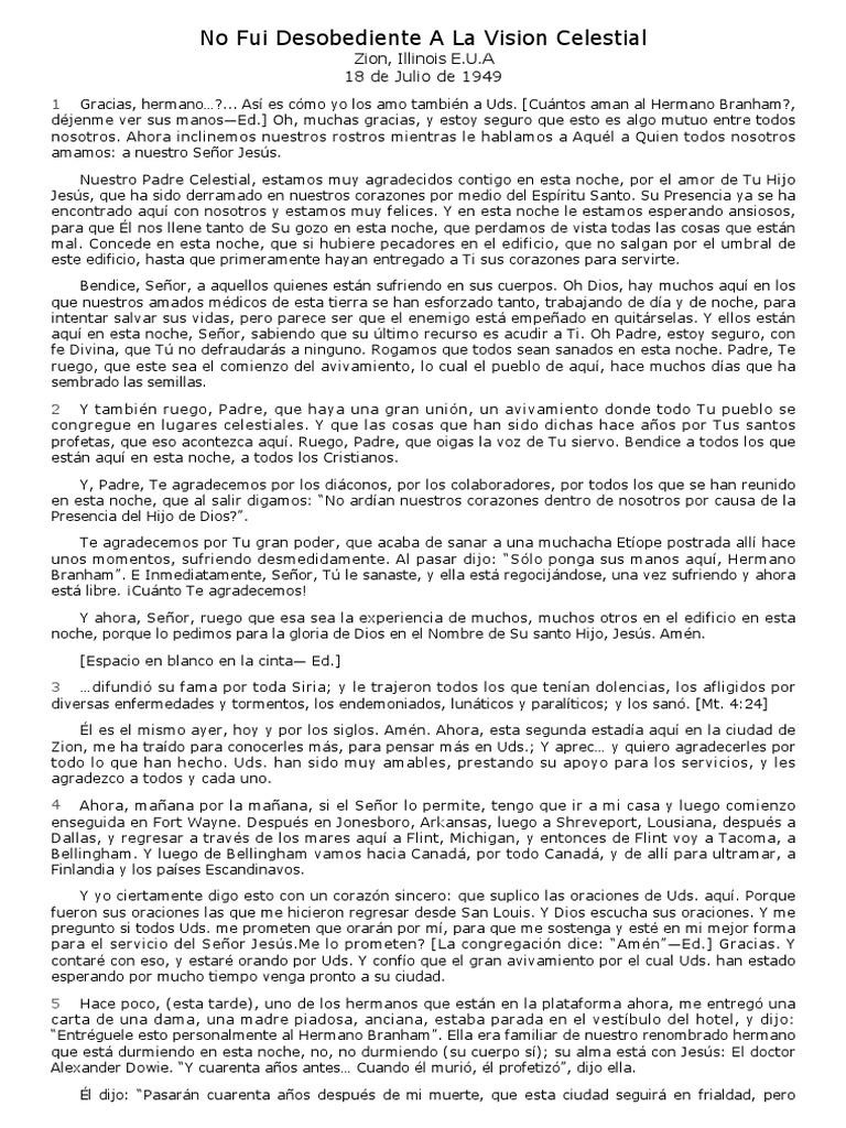 49-0718 - No Fui Desobediente A La Vision Celestial | PDF | Oración | Creencia religiosa y doctrina