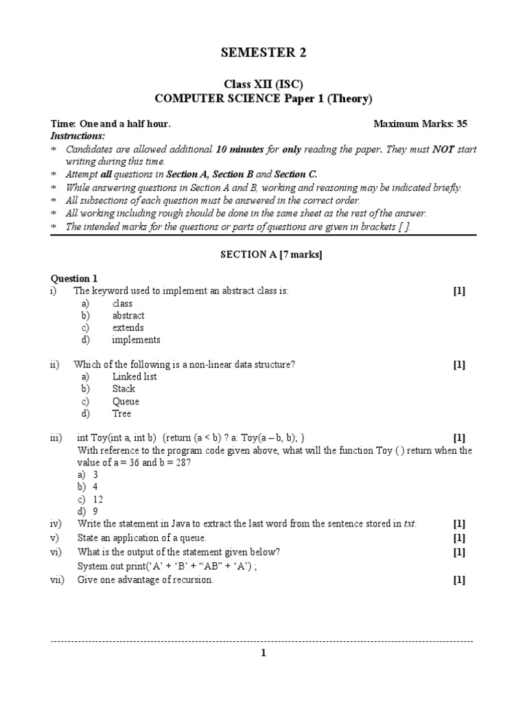 Semester 2: Class XII (ISC) COMPUTER SCIENCE Paper 1 (Theory) | Download Free PDF | Method ...