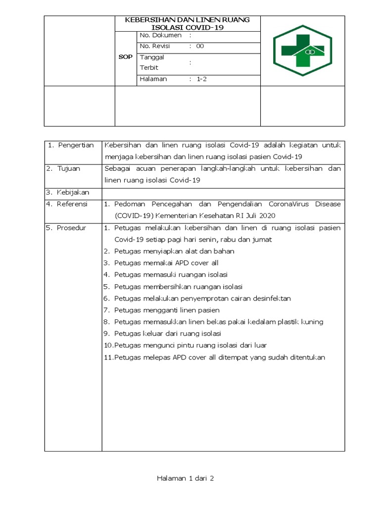Sop Kebersihan Dan Linen Ruang Isolasi Pasien Covid-19 | PDF