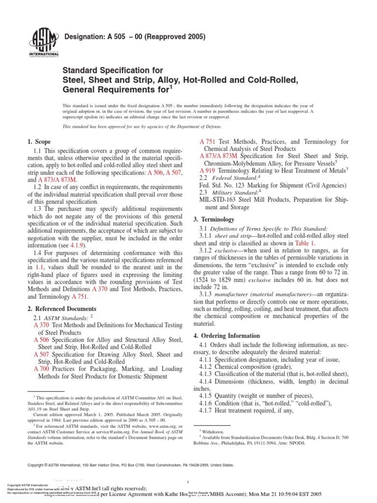 Astm A 505 | PDF | Rolling (Metalworking) | Sheet Metal