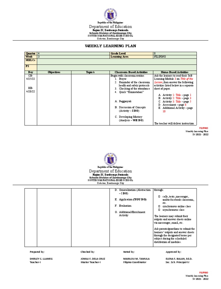 Department of Education: Weekly Learning Plan | PDF | Learning ...