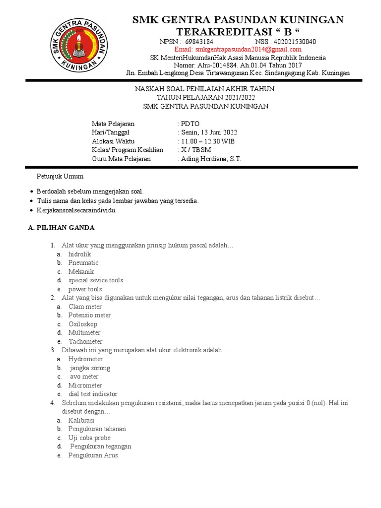 Soal Uas Pdto Kls X TBSM SMK Gentra Pasundan | PDF