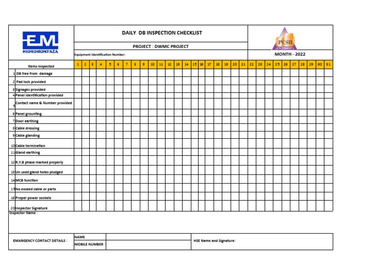 Daily DB Inspection Checklist: Project: DWMC Project MONTH - 2022 | PDF