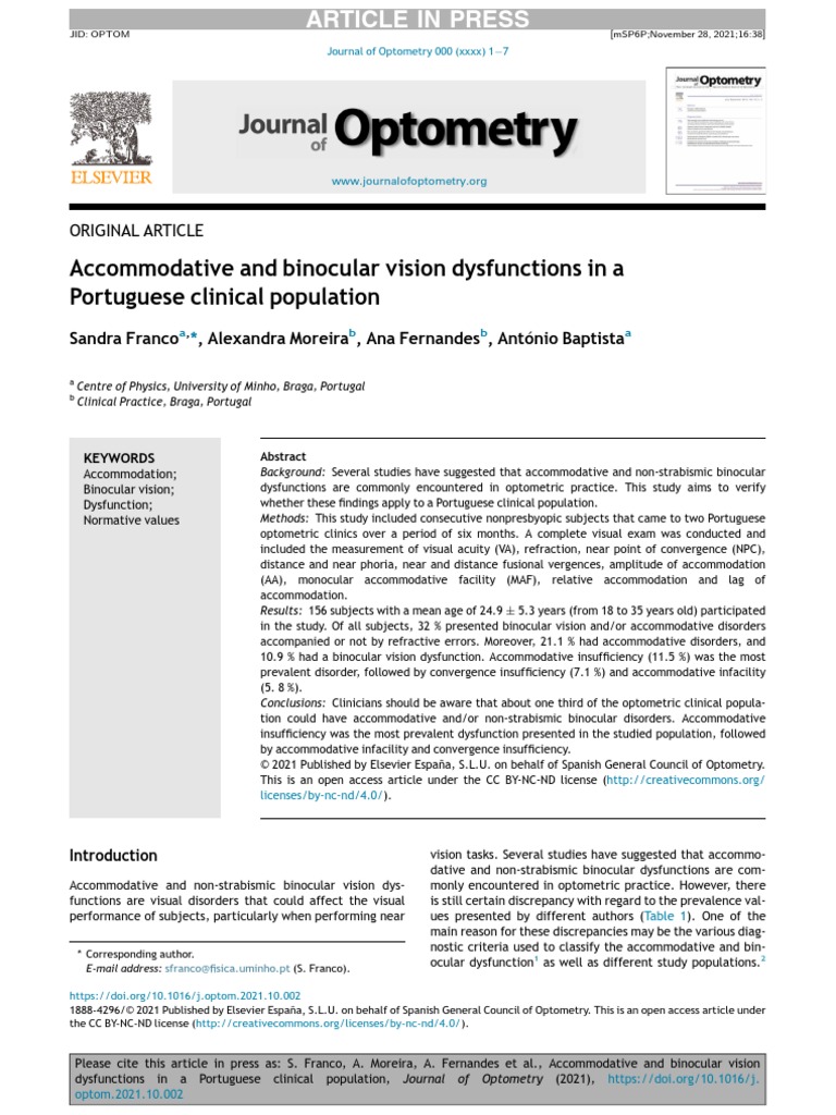 Accommodative and Binocular Vision Dysfunction in A Portuguese Clinical ...