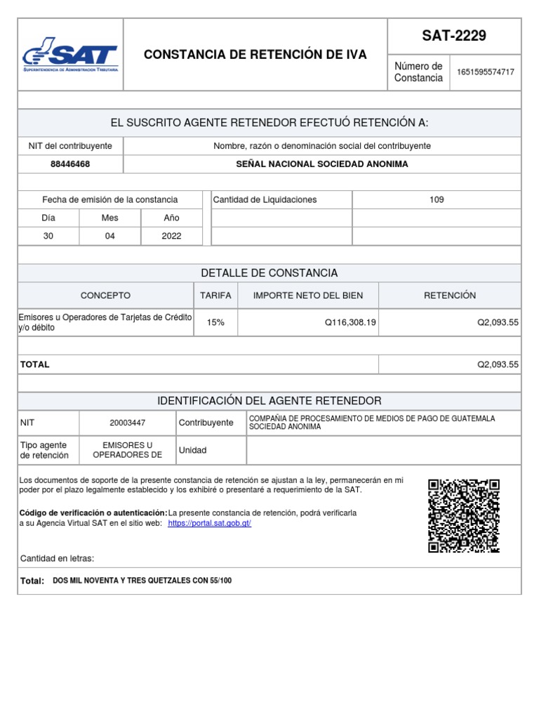 Constancia de Retención de Iva: El Suscrito Agente Retenedor Efectuó ...