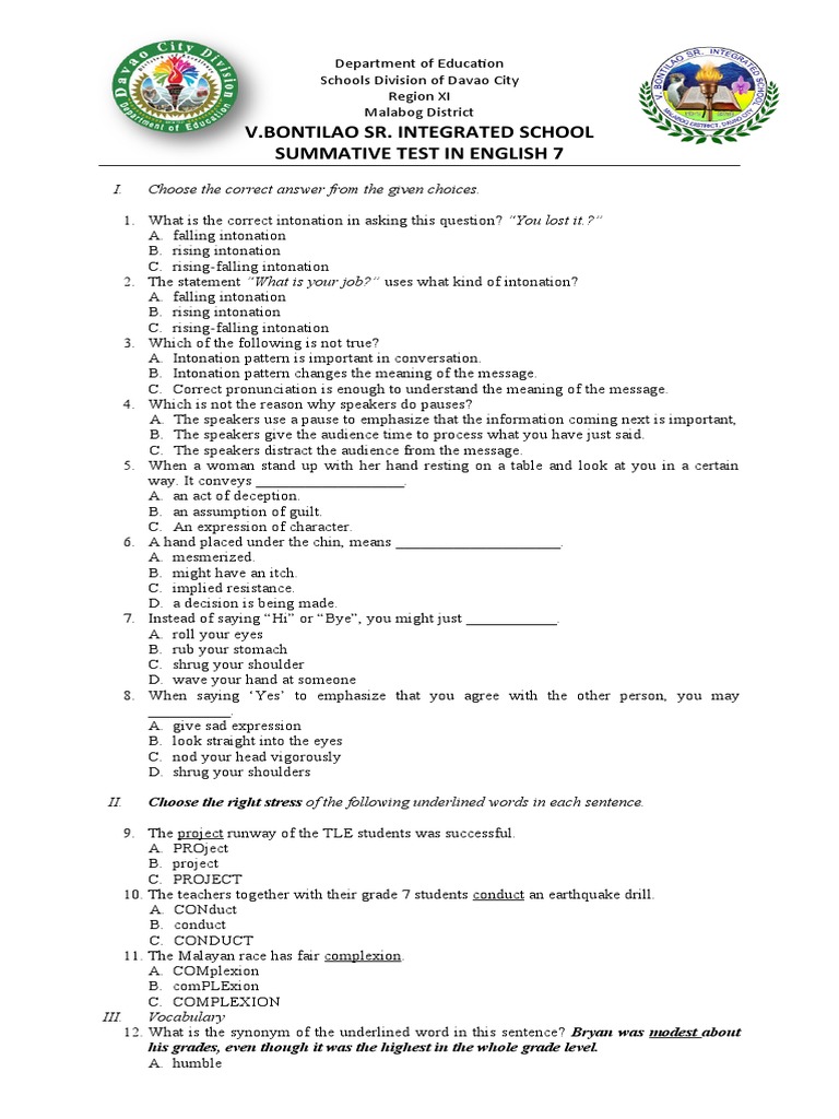 English 7 Summative Test Guide | PDF | Linguistics | Human Communication
