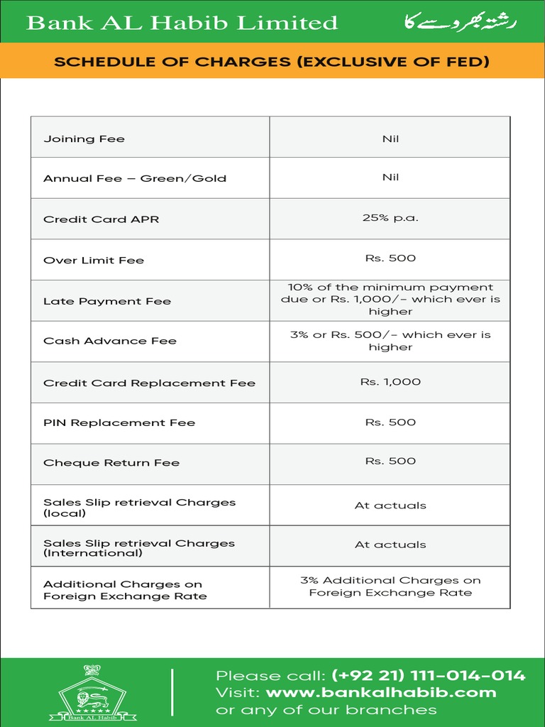Schedule of Charges (Exclusive of Fed) : Please Call: Visit: or Any of ...