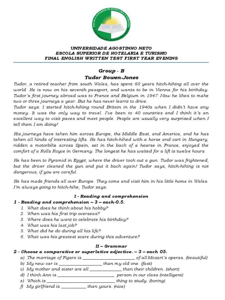 Final English Written Test Evening | PDF | Travel