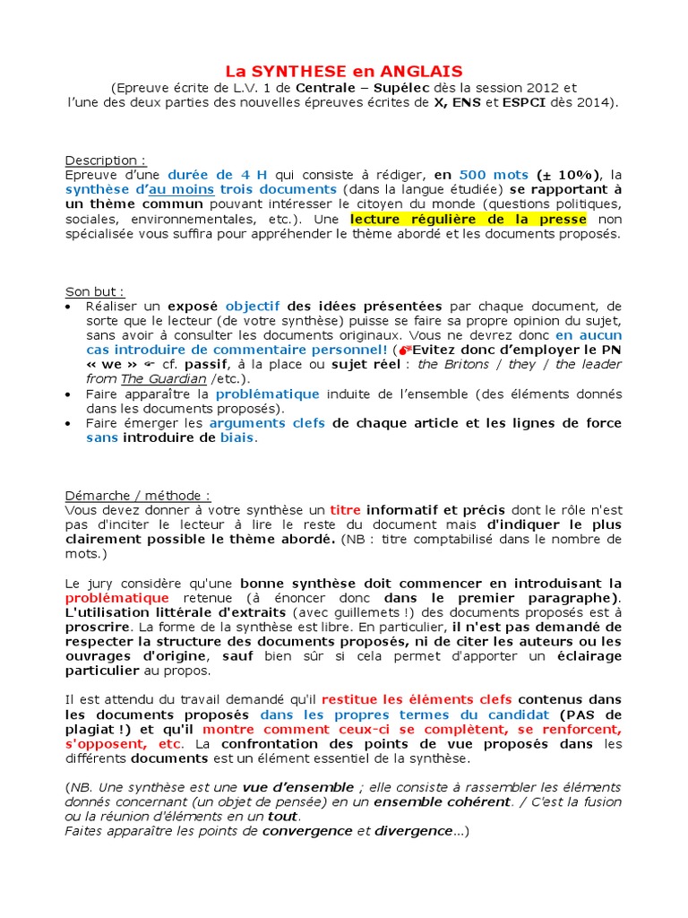 Synthèse - Méthode, Conseils & Langue. | PDF | Linguistique | Écriture