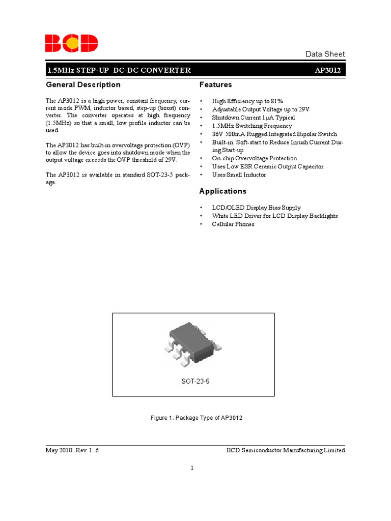 1.5Mhz Step-Up DC-DC Converter Ap3012 | PDF | Electrical Engineering ...
