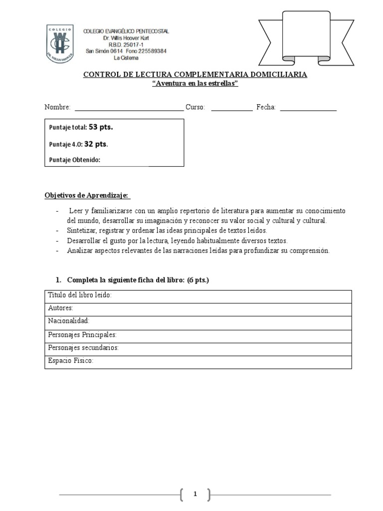 Control de Lectura: "Aventura en las Estrellas" | PDF | Historia