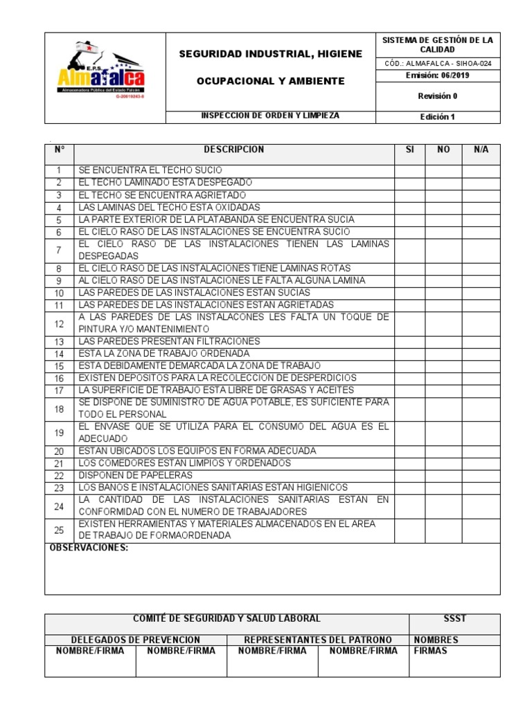 Inspeccion de Orden y Limpieza | PDF | Seguridad y salud ocupacional | Agua