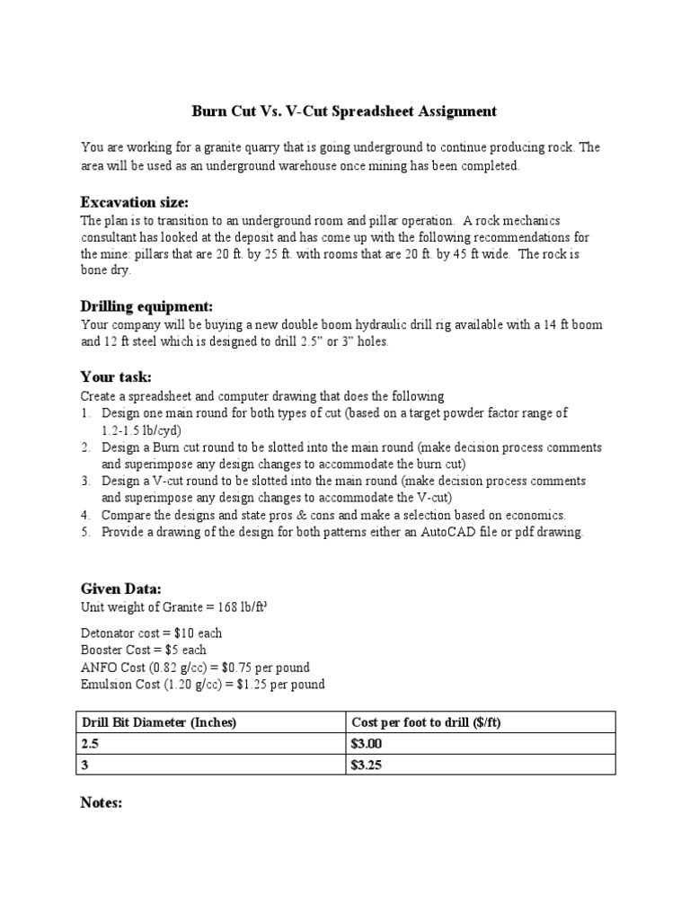 Burn Cut vs. V-Cut Spreadsheet Assignment: Drill Bit Diameter (Inches ...