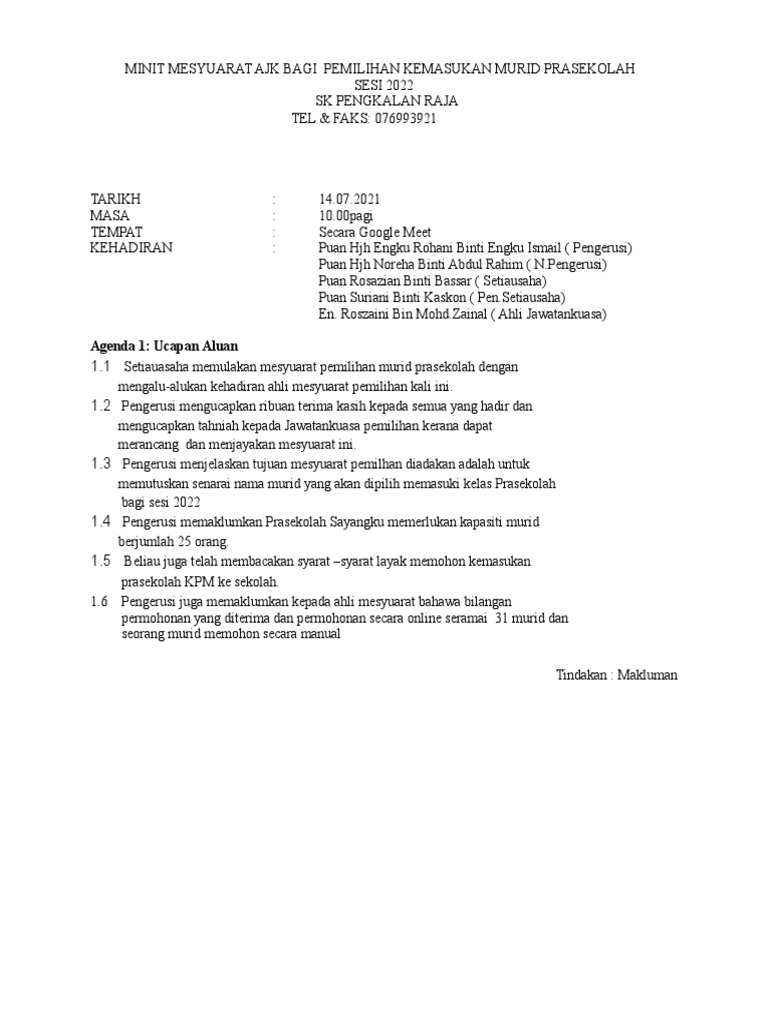 Minit Mesyuarat Pemilihan 2022 | PDF