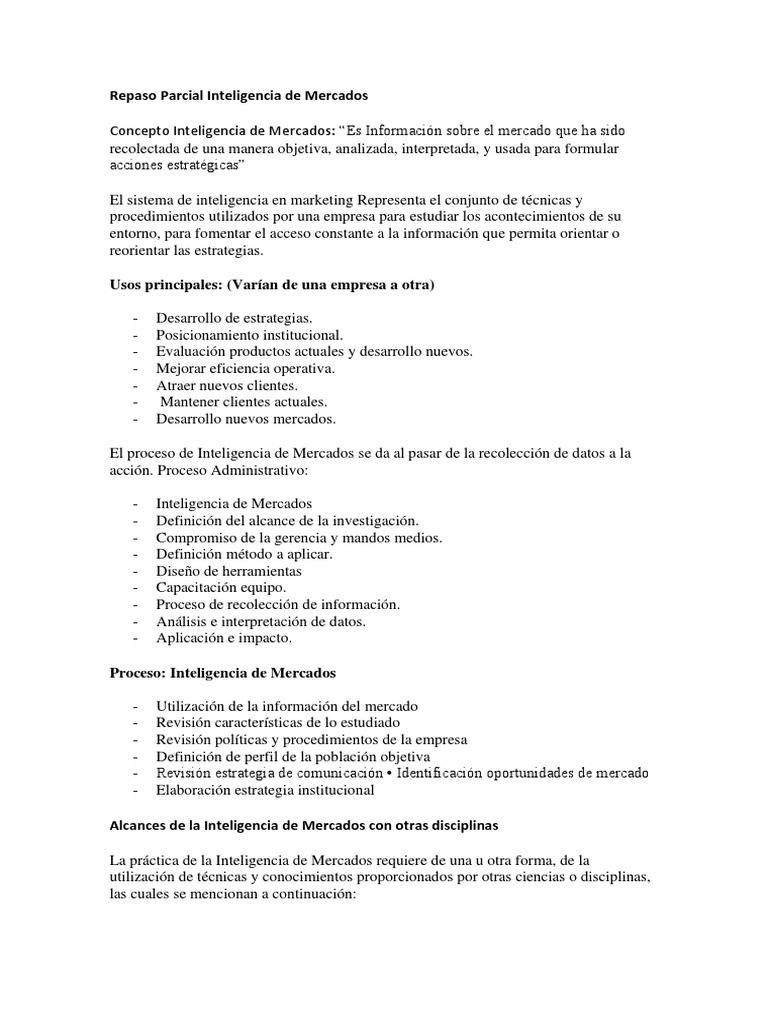 Repaso Parcial Inteligencia de Mercados | PDF | Cuestionario | Investigación de mercado