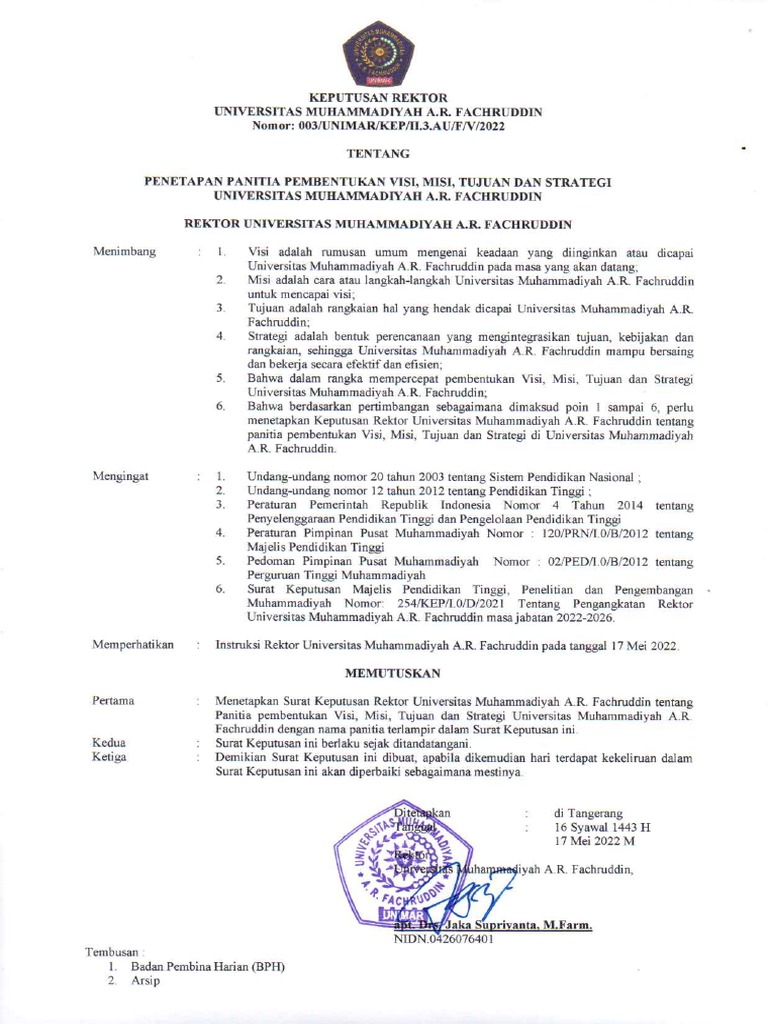 SK Penetapan Panitia Pembentukan Visi, Misi, Tujuan Dan Strategi UNIMAR ... SK Penetapan Panitia Pembentukan Visi, Misi, Tujuan Dan Strategi UNIMAR ...