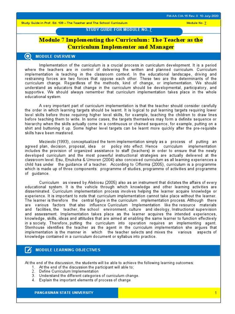 Module 7 Implementing The Curriculum: The Teacher As The Curriculum ...
