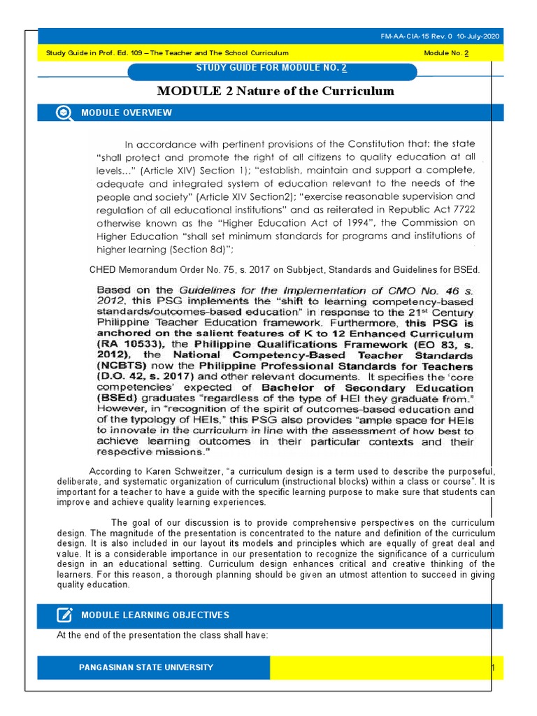 MODULE 2 Nature of The Curriculum: Study Guide For Module No. 2 ...