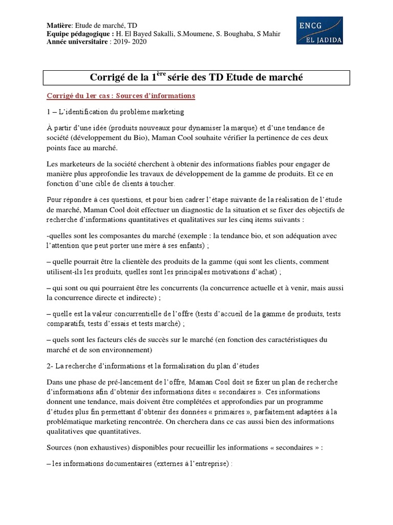 Corrigé TD1 Etude de Marché | PDF | Commercialisation | Recherche marketing