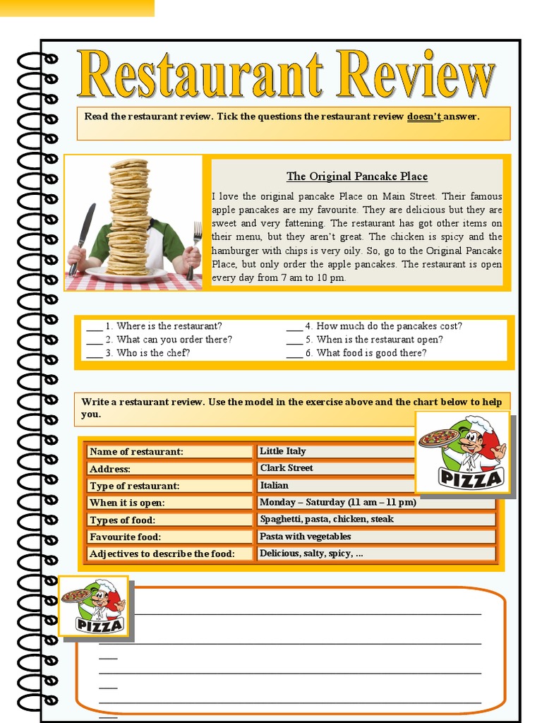 Restaurant Review Reading Comprehension Exercises Tests Writing Crea ...