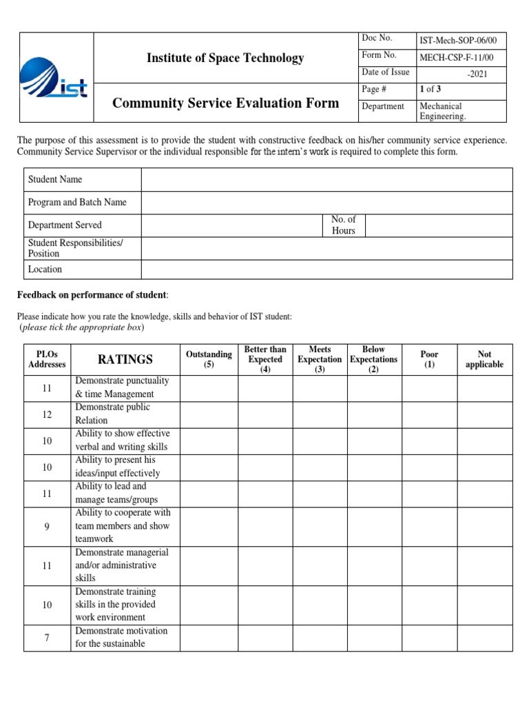 Community Service Evaluation Form | PDF | Evaluation | Engineering