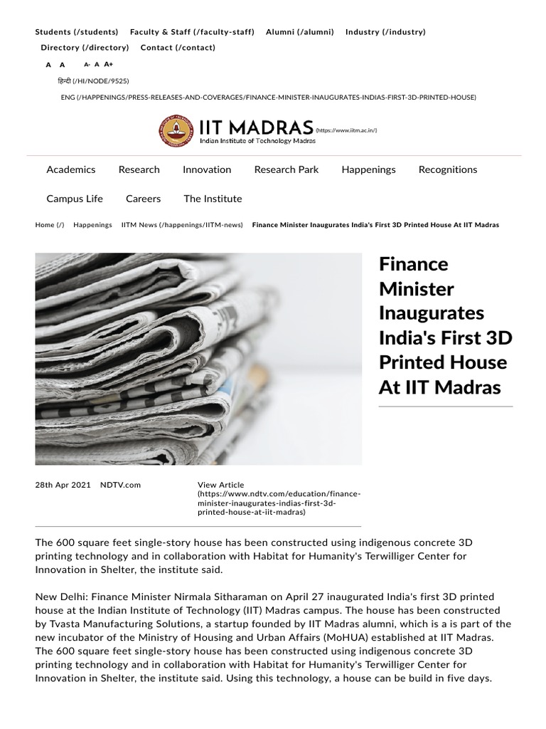 India's First 3D Printed House at IIT Madras - Indian Institute of ...