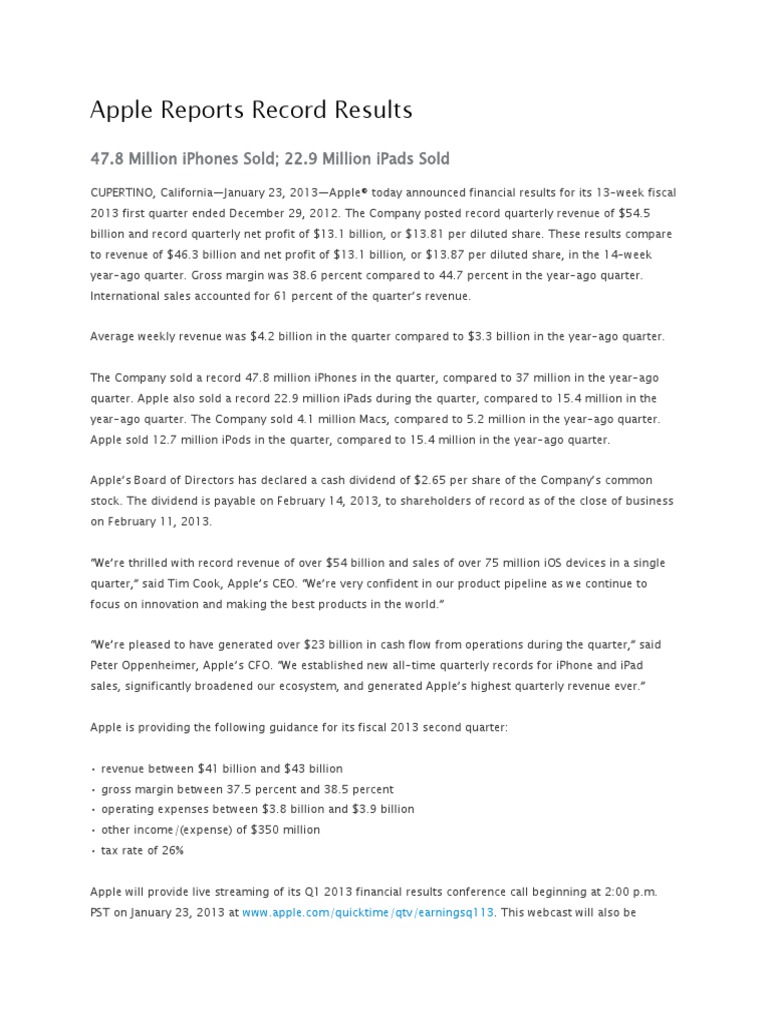 Apple Reports Record Results | PDF | Apple Inc. | I Phone