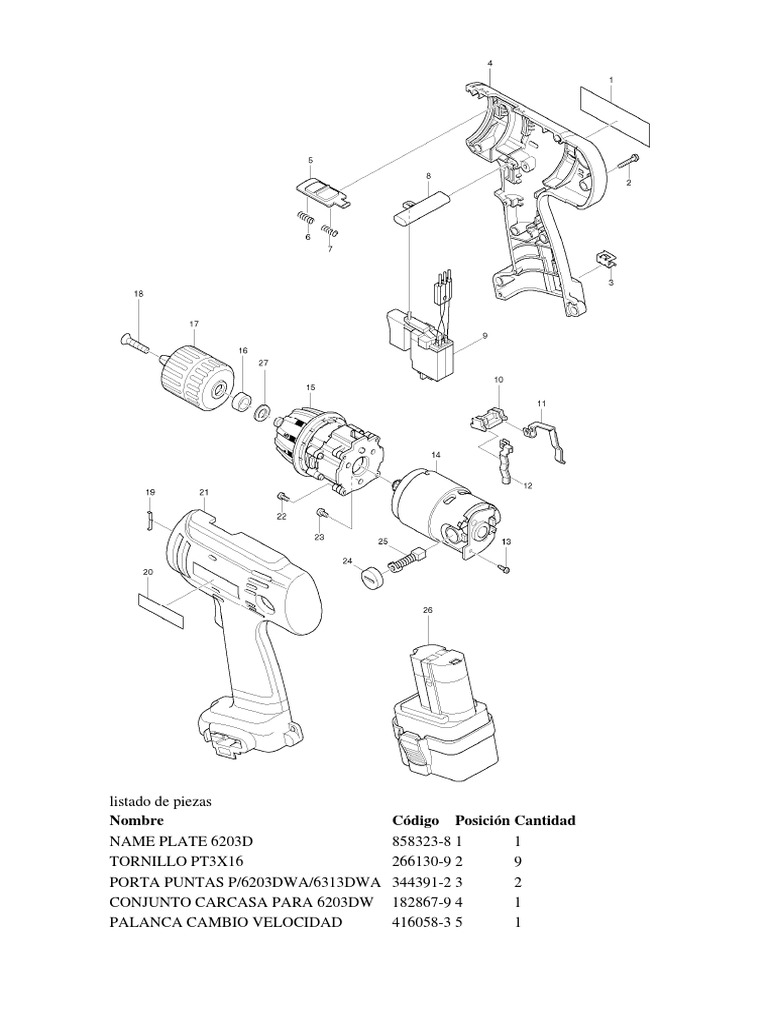Lista de piezas y accesorios para taladro atornillador Makita 6203DW | PDF