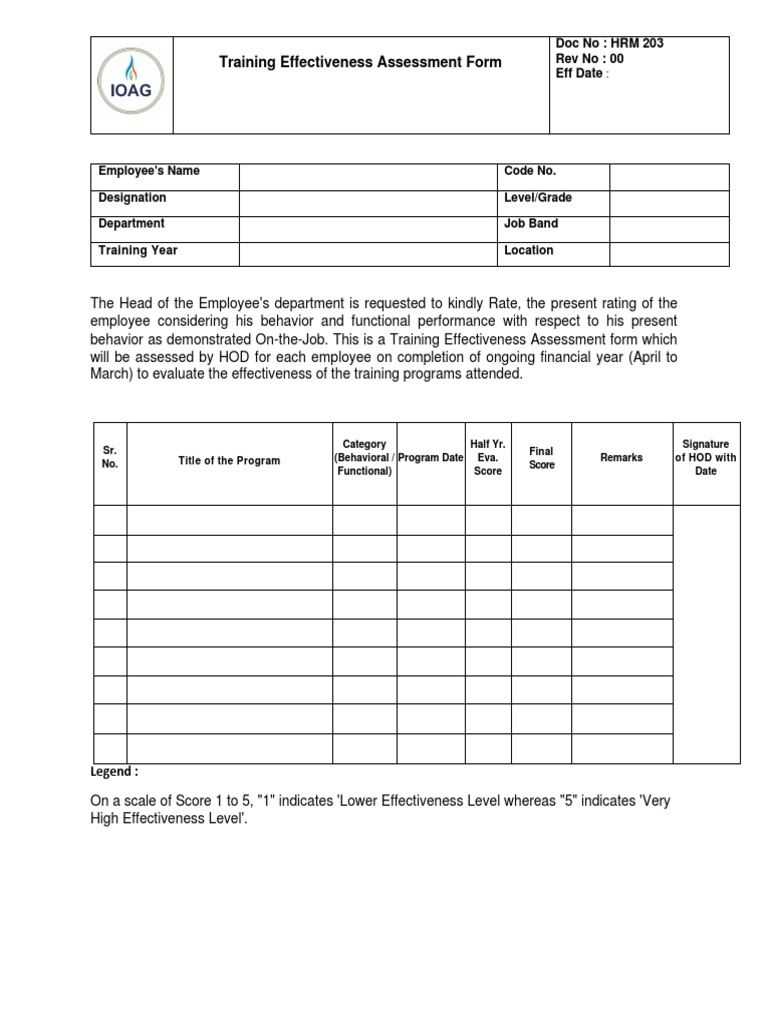 HRM203 - Training Effectiveness Assessment Form | PDF