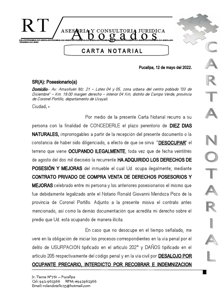 Cartas Notariales Sally Portocarrero | PDF | Justicia | Crimen y violencia