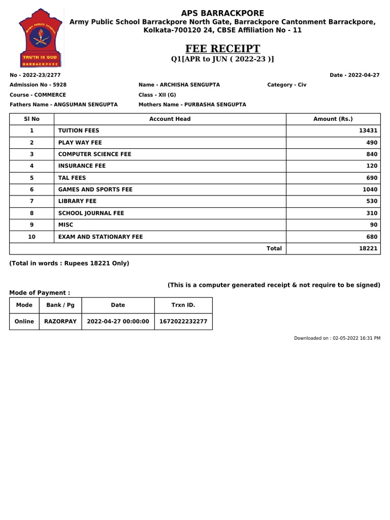 APS Barrackpore Fee Receipt For Q1 2022 23 PDF Service Industries
