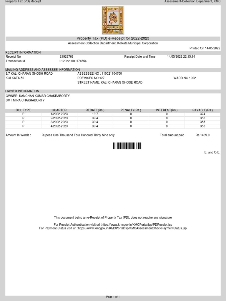 Payment of Property Taxes in Kolkata: Receipt for Rs. 1439 Paid Towards ...