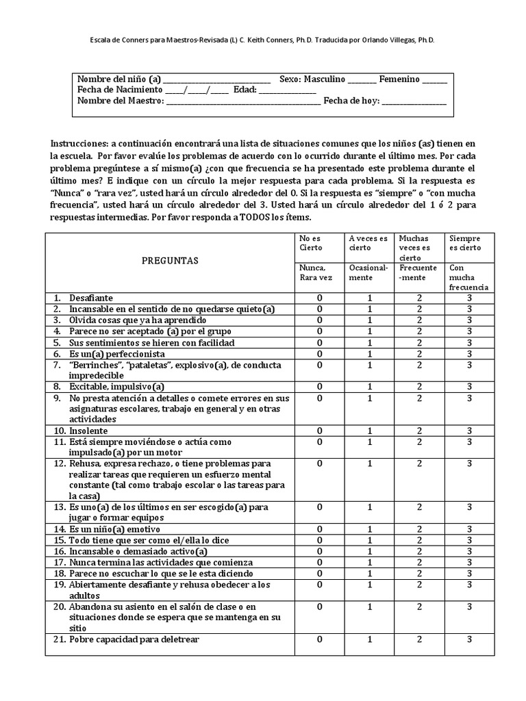 Escala de Conners para Maestros y Padres | PDF
