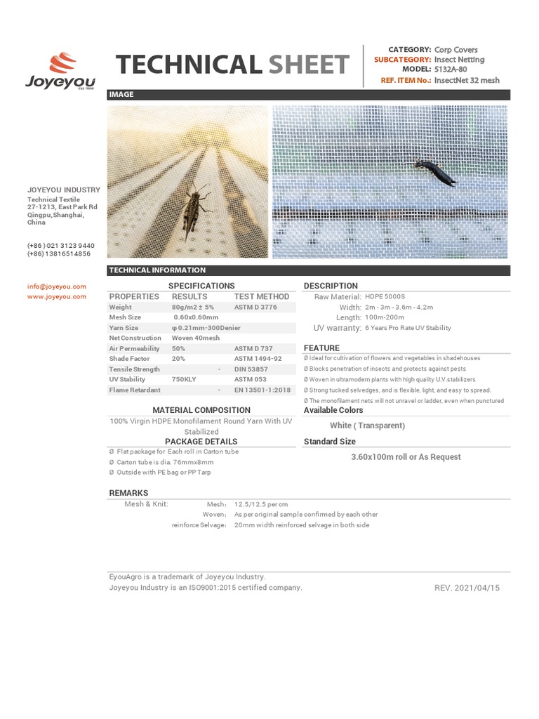 【Insect Netting】Technical DATA SHEET【32 Mesh】 | PDF | Textiles | Materials