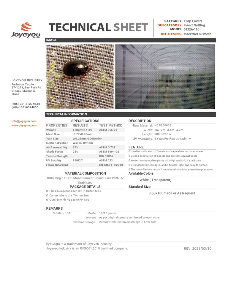 【Insect Netting】Technical DATA SHEET【40 Mesh】 | PDF | Textiles | Materials
