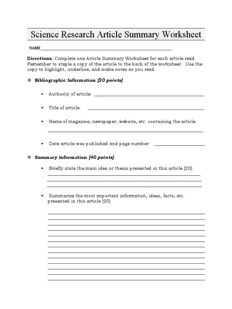 Science Research Article Summary Worksheet | PDF | Communication ...