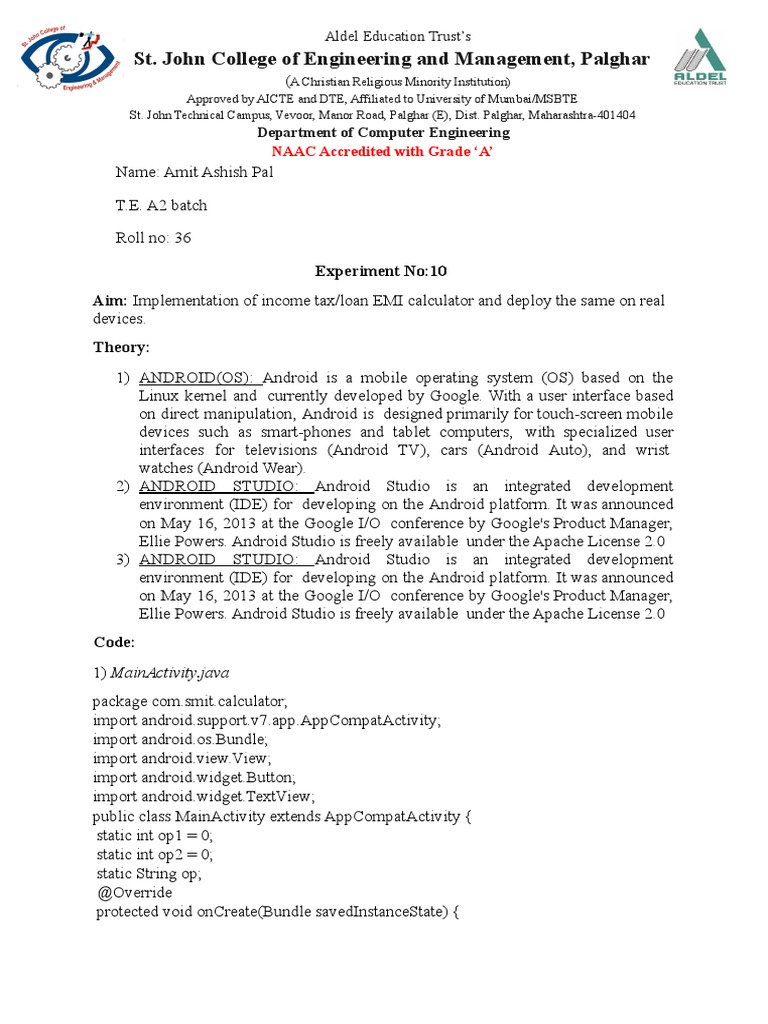 T.E. A (36) MCL Exp 10 | PDF | Android (Operating System) | Software