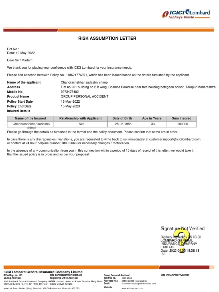 Risk Assumption Letter | PDF | Insurance