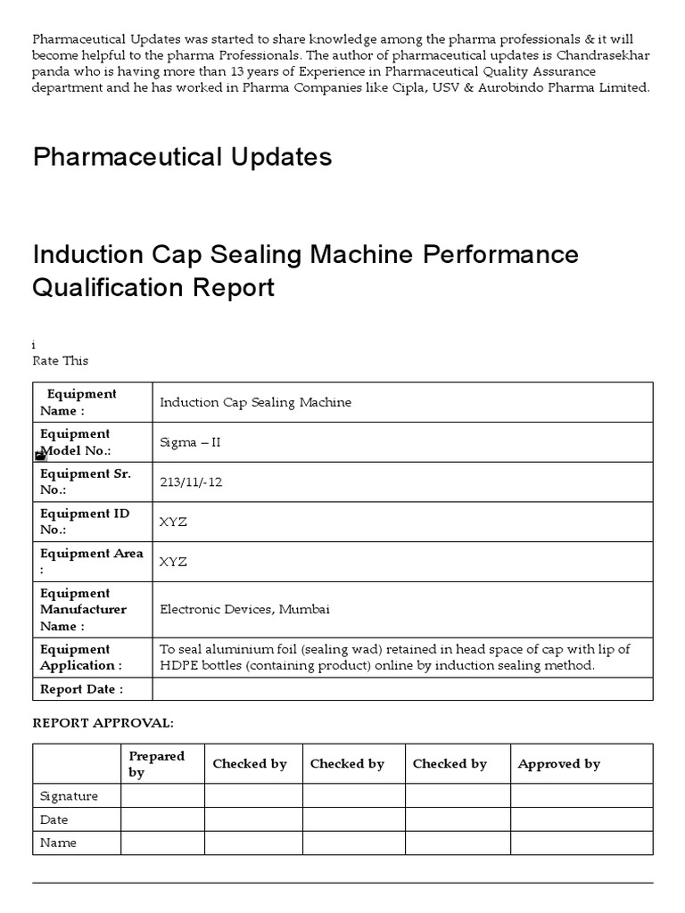 Induction Cap Sealing Machine Performance Qualification Report ...