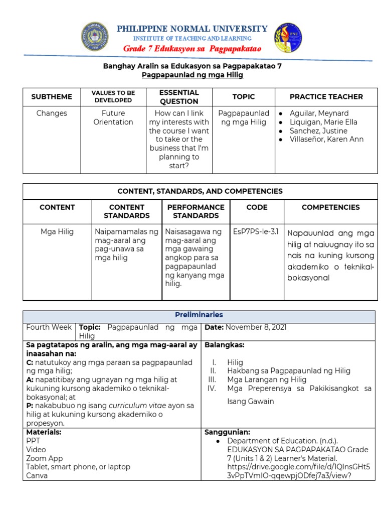 Esp 7 Lesson Plan Week 4 Pagpapaunlad NG Hilig | PDF